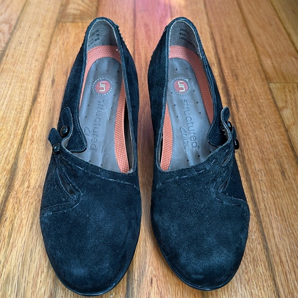 Clarks | Shoes | New Clarks Black Suede Button Strap Heeled Slip On ...